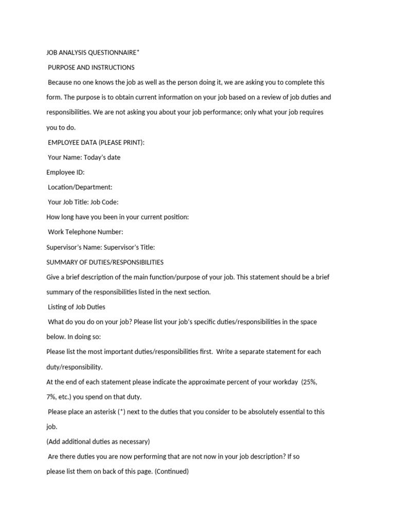 JOB ANALYSIS QUESTIONNAIRE | PDF | Occupational Safety And Health ...