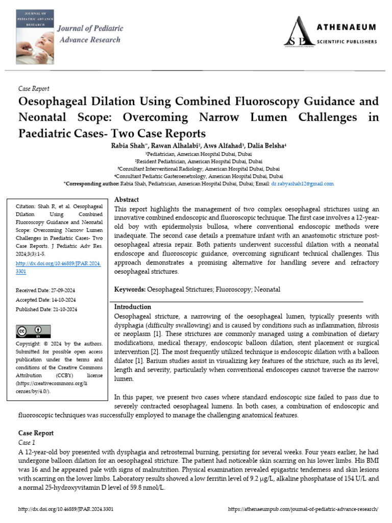 Oesophageal Dilation Using Combined Fluoroscopy Guidance and Neonatal ...