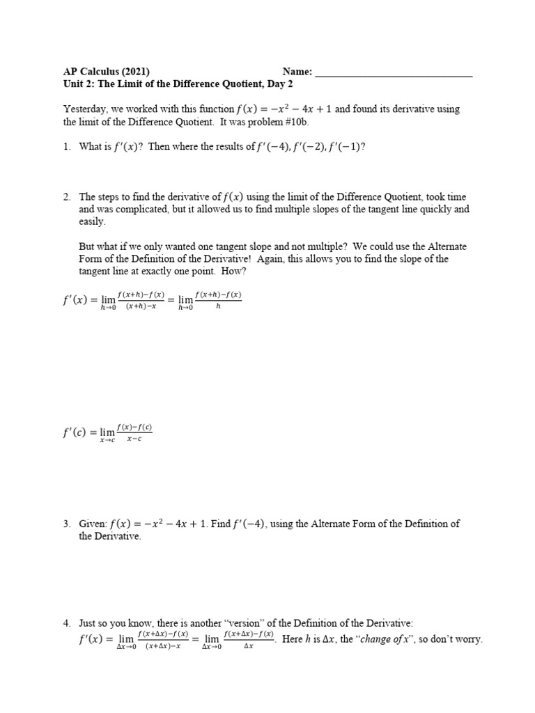 AP Calculus: Limit of Difference Quotient | PDF | Teaching Methods ...