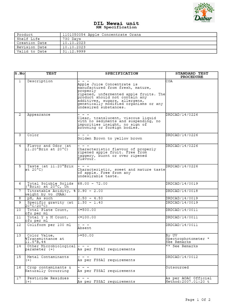 Apple Concentrate RM Specification | PDF | Apple | Food Science