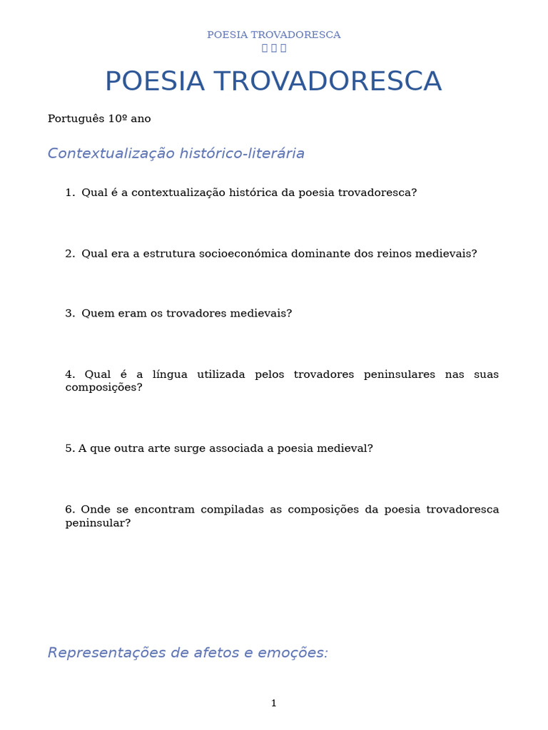 Poesia Trovadoresca - Ficha de Trabalho | PDF | Poesia