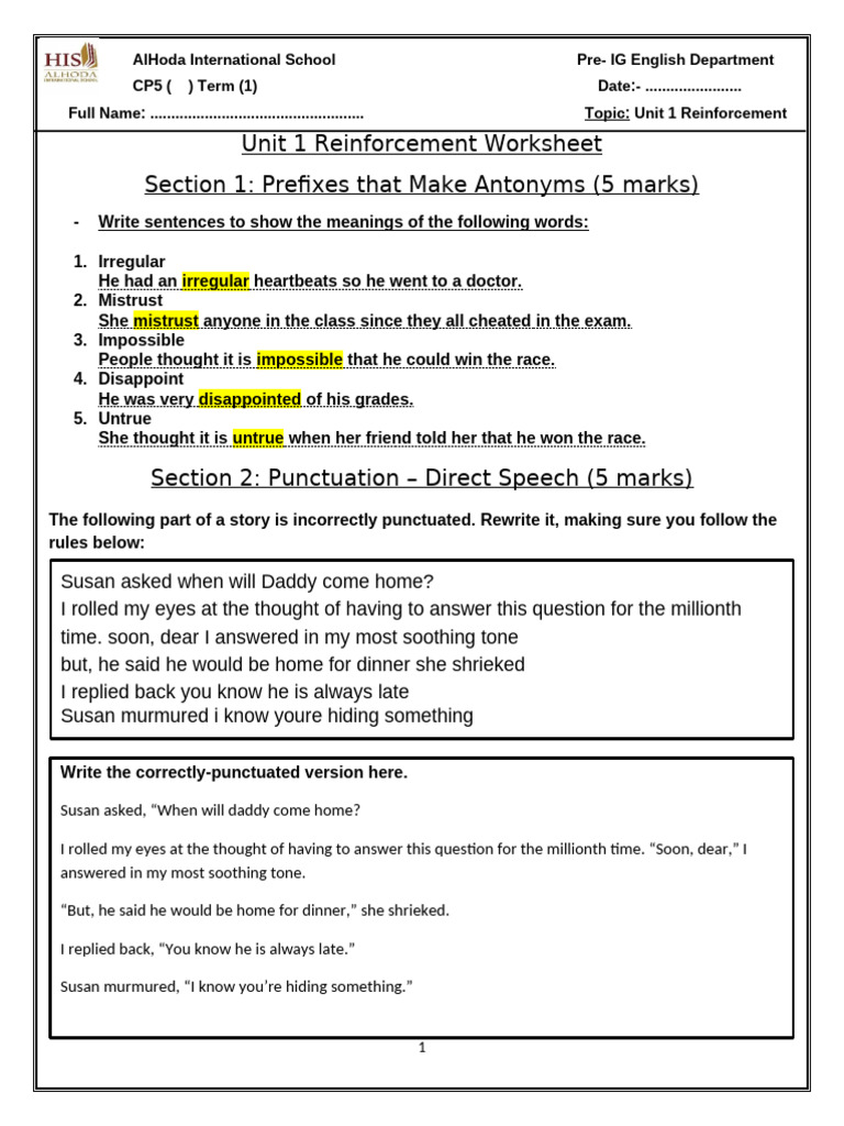 Unit 1 English Reinforcement Worksheet | PDF | Question | Language Families