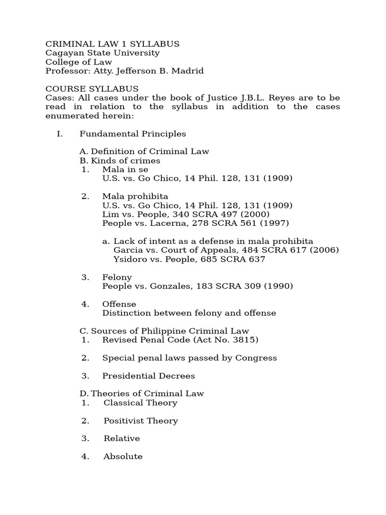Criminal Law 1 Syllabus 2 | PDF | Criminal Law | Common Law