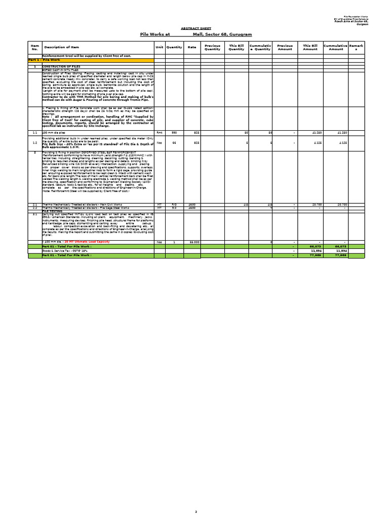 Bill of Quantities - Pile Work | PDF | Deep Foundation | Concrete