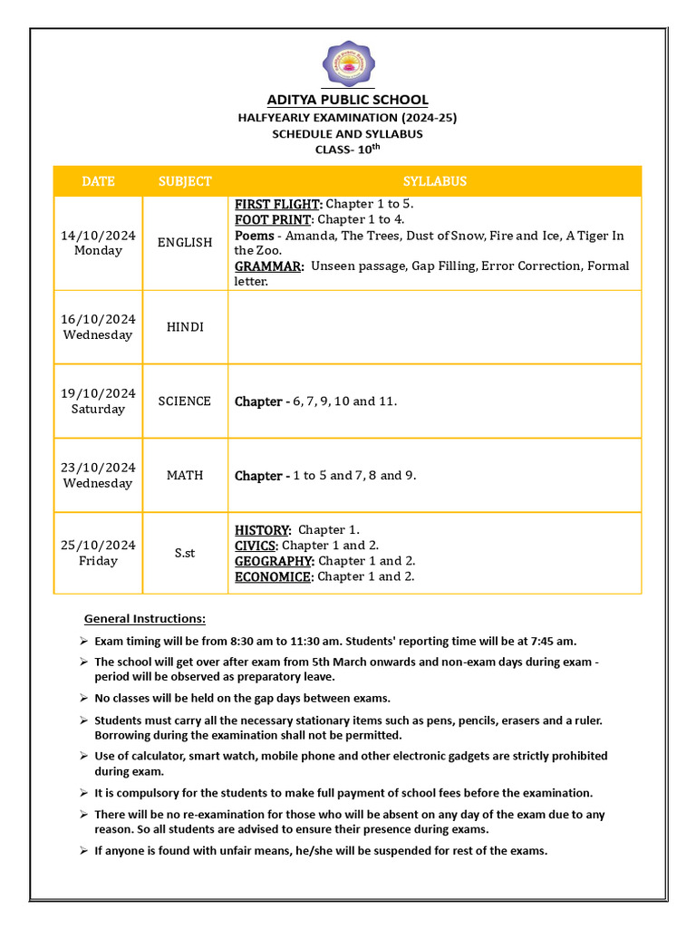 Class 10 Half-Yearly Exam Schedule 2024 | PDF