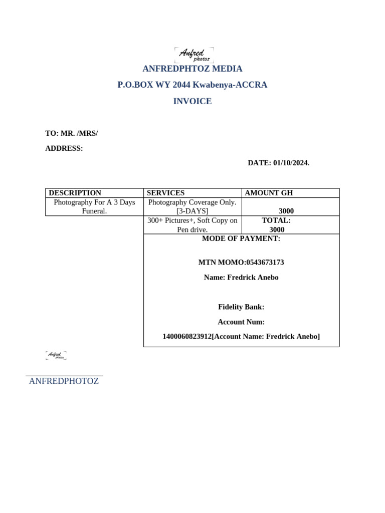 Funeral Photography Invoice - Anfredphotoz | PDF