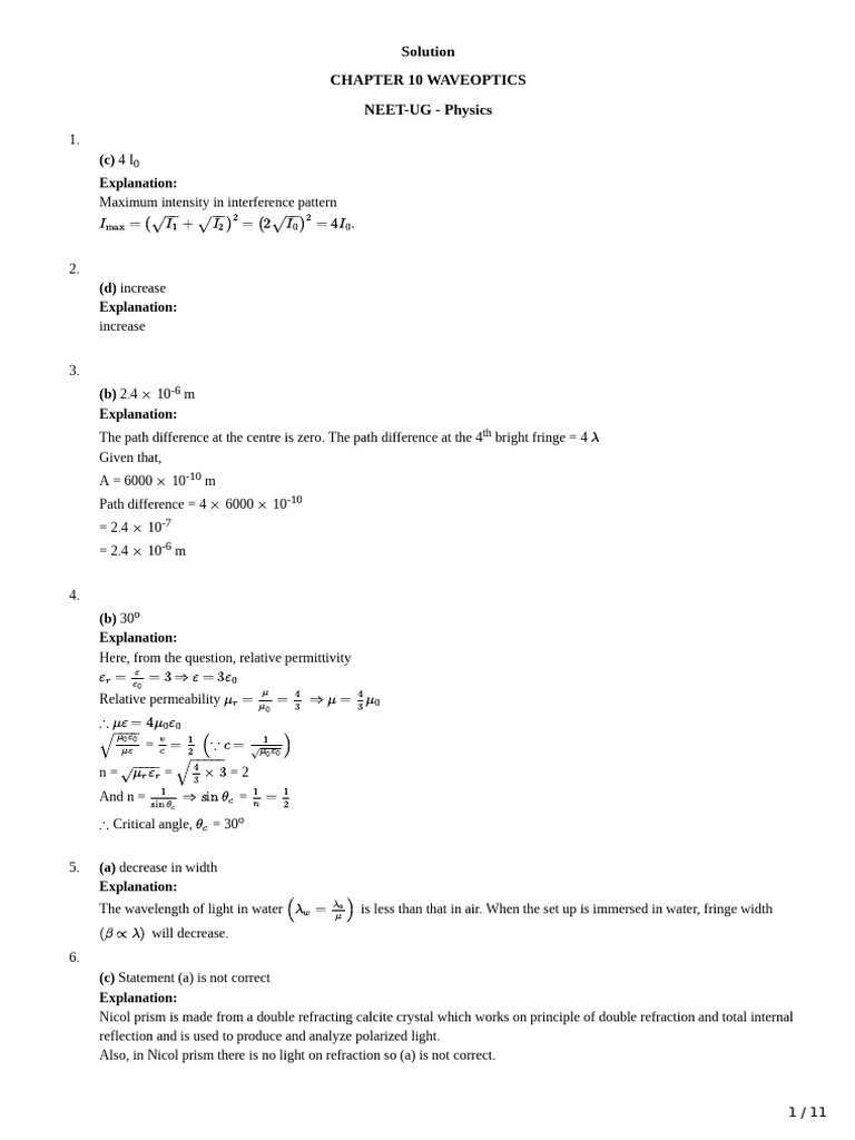 Wave Optics Chap 10 Question Ans Key | PDF | Diffraction | Wavelength