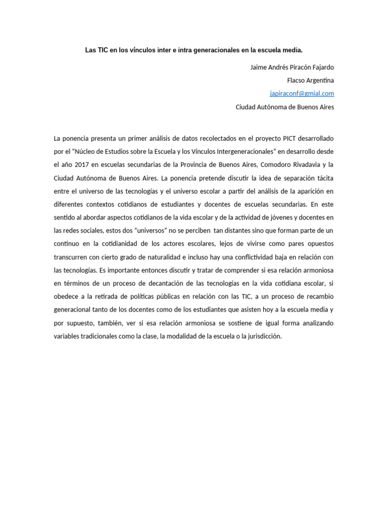 Ponencia Renija Las TIC en Los Vínculos Inter e Intra Generacionales en La Escuela Media | PDF ...
