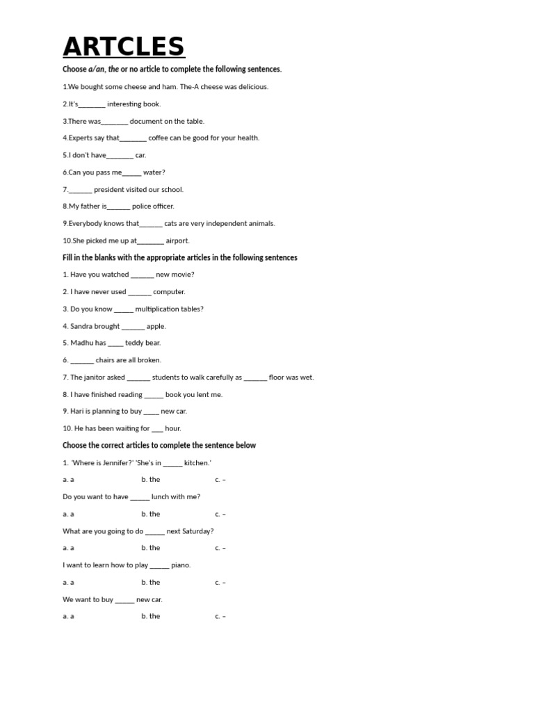 Article Usage Practice Exercises | PDF