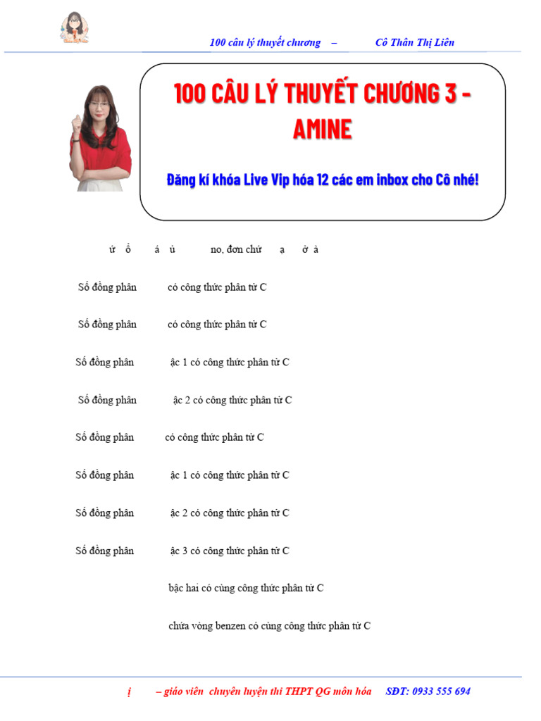 100 Câu Lý Thuyết Amine Dành Cho 2K7 - Cô Thân Thị Liên | PDF