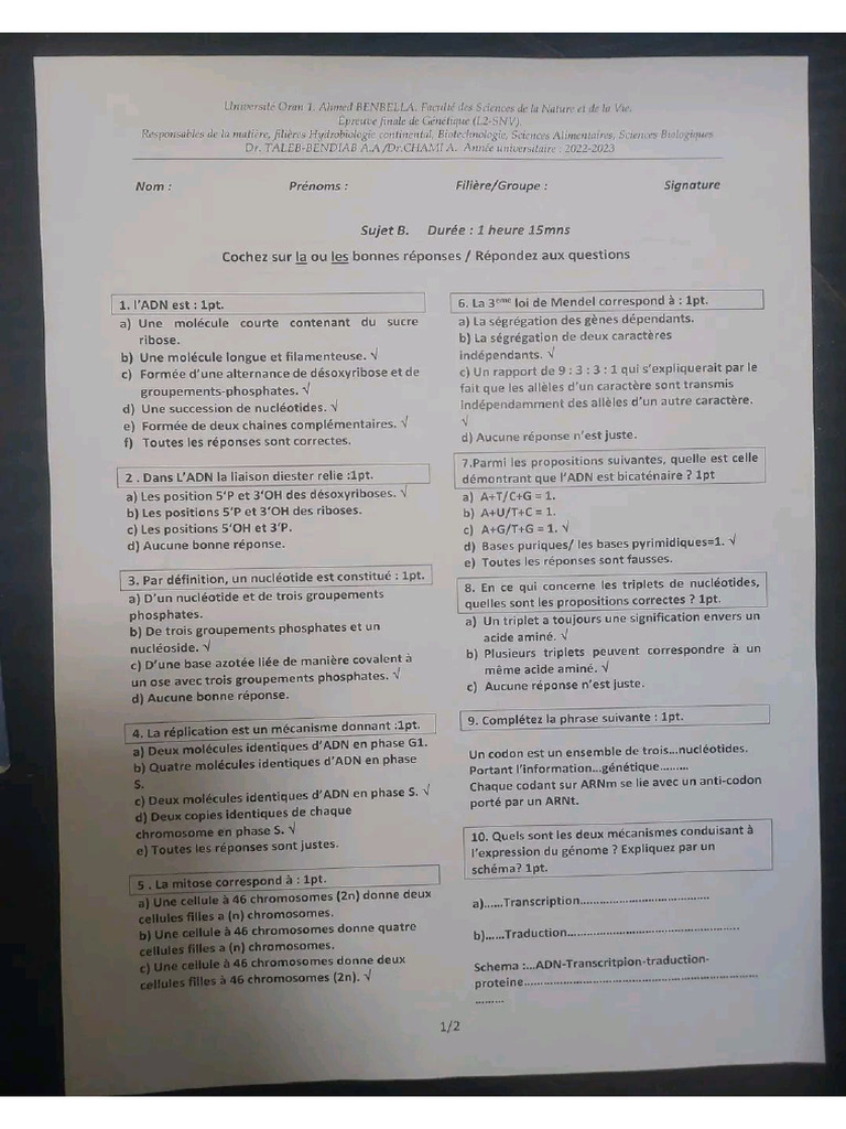 Examen1+Solution Génétique SNV L2 | PDF
