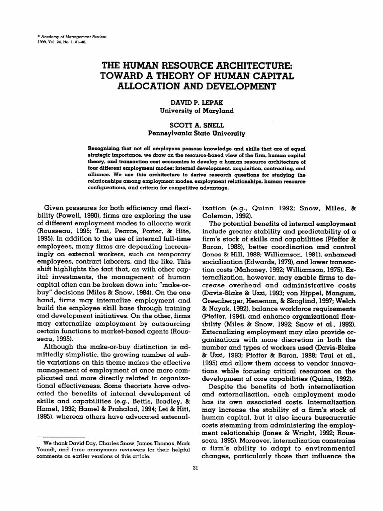 The - Human - Resource - Architecture - Model Lepak and Snell | PDF ...