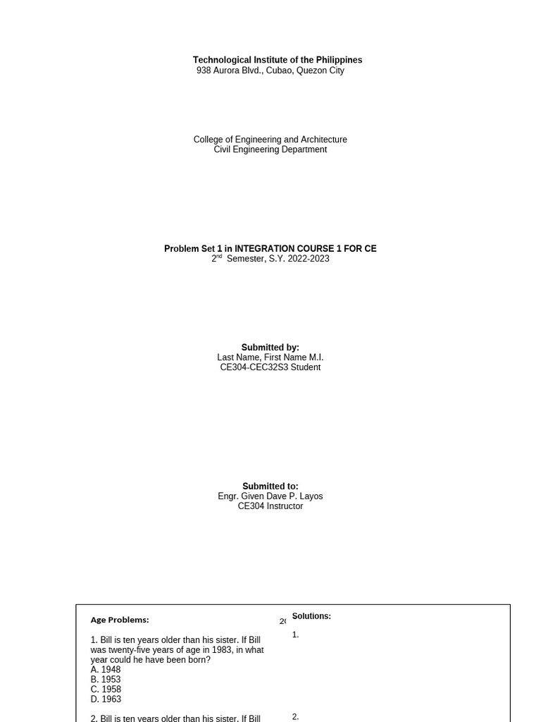 INTEG 1 Problem Set 1 Front Page | PDF