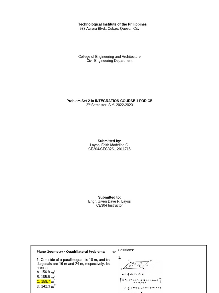 INTEG 1 Problem Set 1 Front Page | PDF | Ellipse | Circle