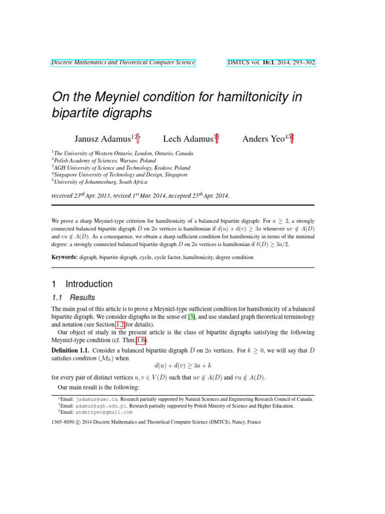 Adamus, Janusz Adamus, Lech Yeo, Anders, On The Meyniel Condition For ...