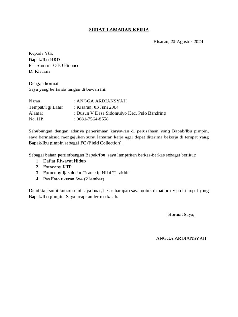 Surat Lamaran Kerja Angga Ardiansyah | PDF | Hukum