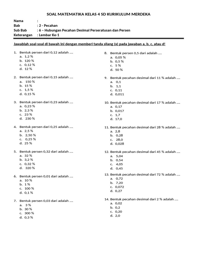 Soal Kelas 4 SD Bab Hubungan Pecahan Desimal Perseratusan Dan Persen Lembar Ke-1 | PDF