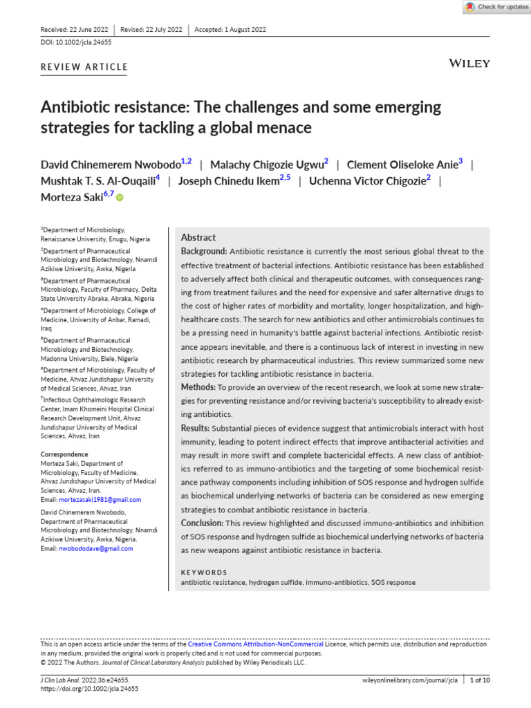Clinical Laboratory Analysis - 2022 - Chinemerem Nwobodo - Antibiotic Resistance The Challenges ...