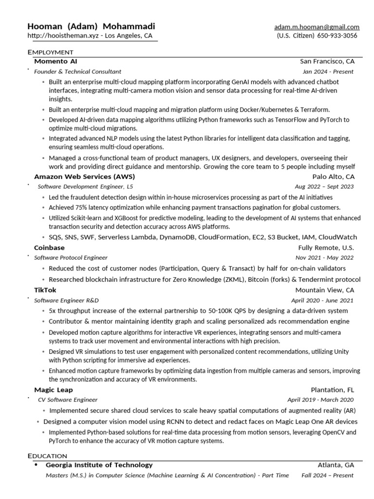 Hooman_Mohammadi_Resume-6 (Updated.) | PDF | Augmented Reality | Virtual Reality