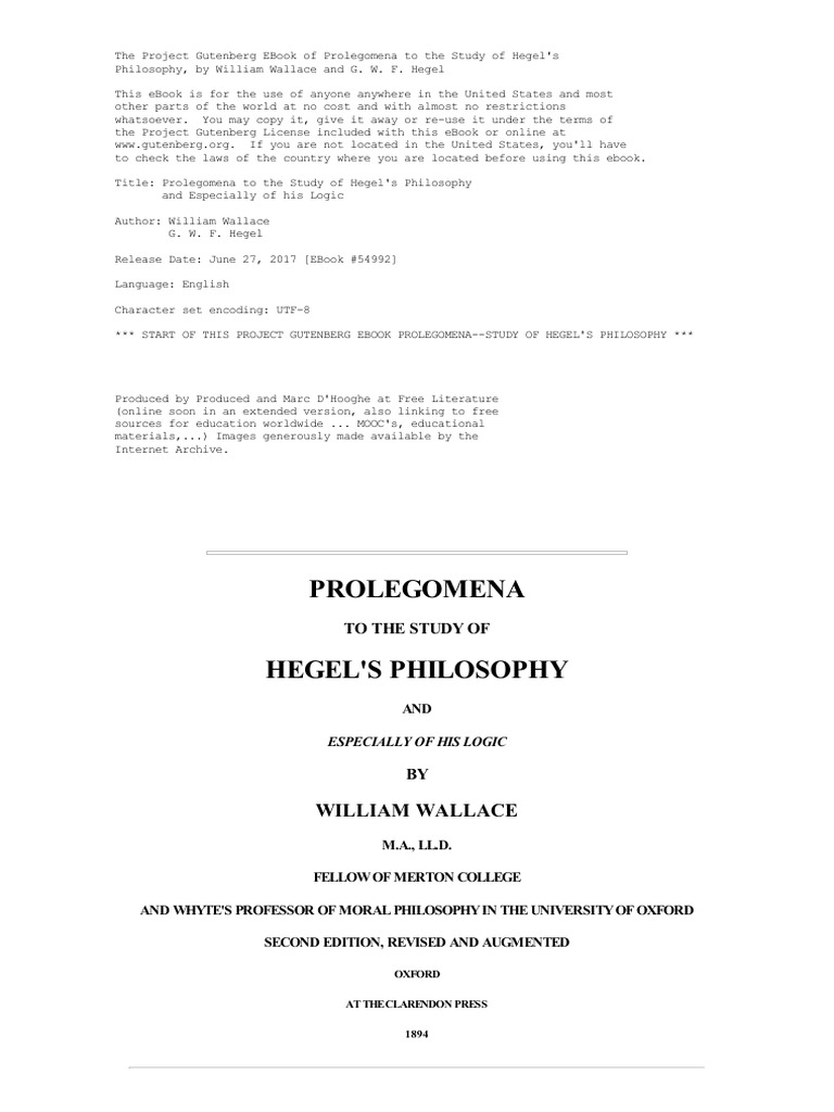 Prolegomena To The Study of Hegels Philosophy by William Wallace MA LLD ...