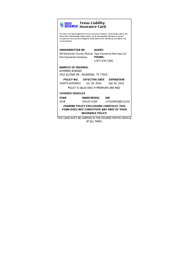 Texas Liability Insurance Card for Ashmeed | PDF | Business | Finance ...