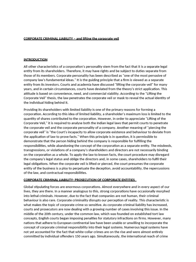 Company Law Reserch Paper | PDF | Piercing The Corporate Veil | Mens Rea
