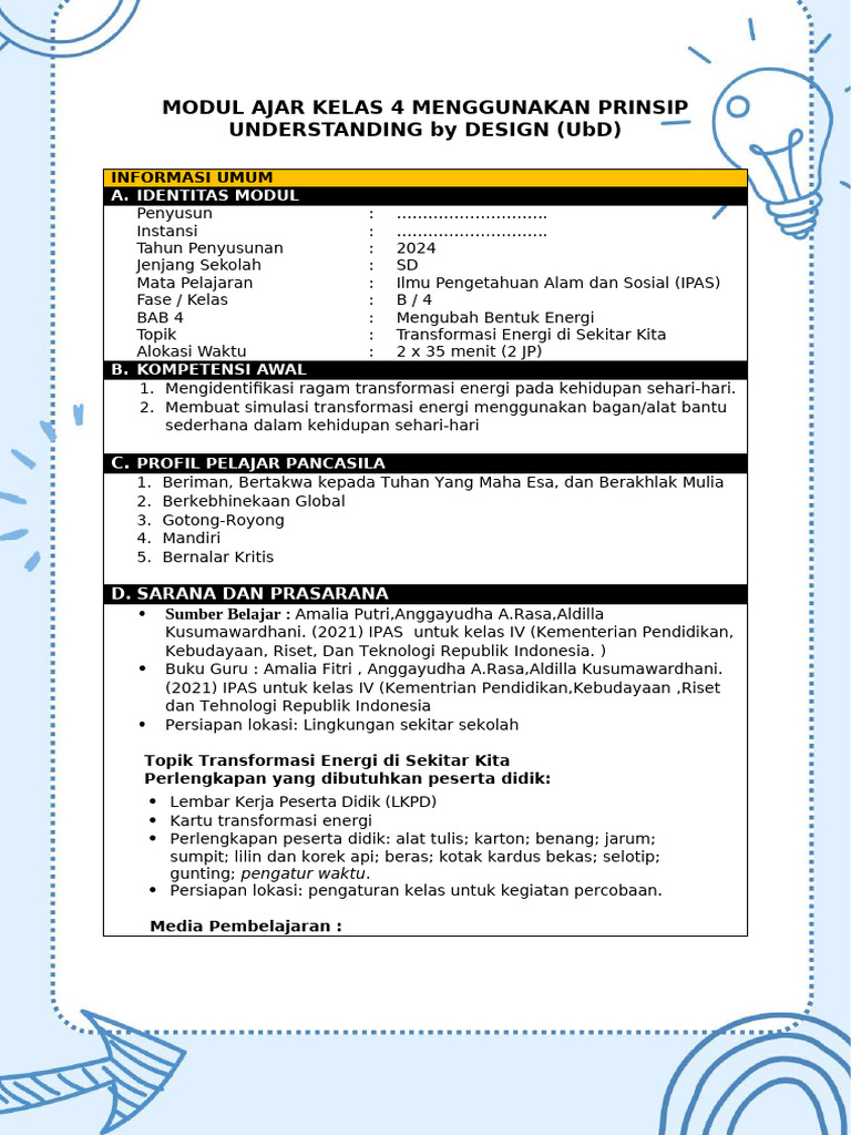 Modul Ajar Kelas 4 Menggunakan Prinsip Understanding by Design | PDF ...