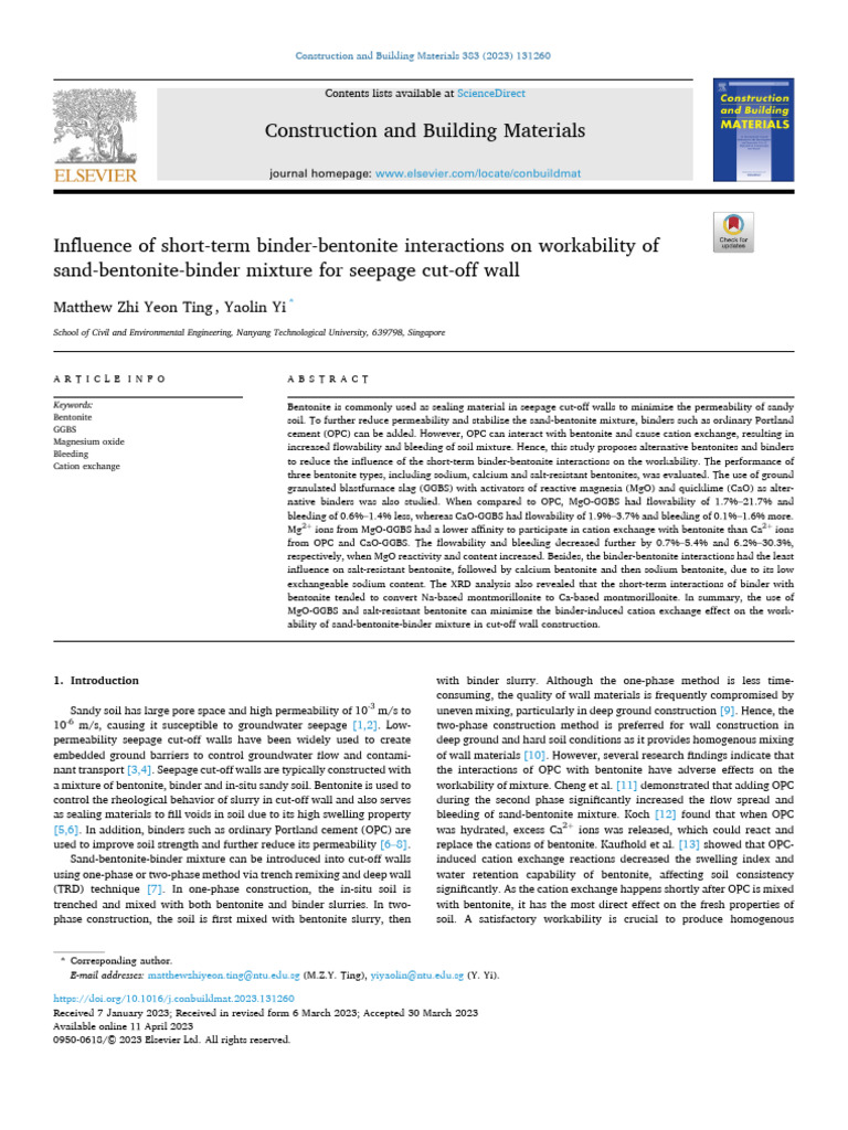 Binder-Bentonite Interactions in Cut-Off Walls | PDF | Soil | Materials