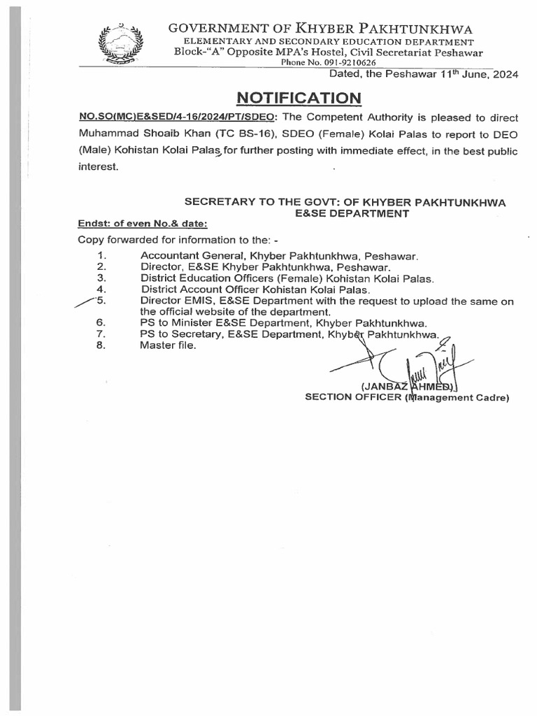 Notification Posting Transfer of Muhammad Shoaib Khan TC BS 16 | PDF