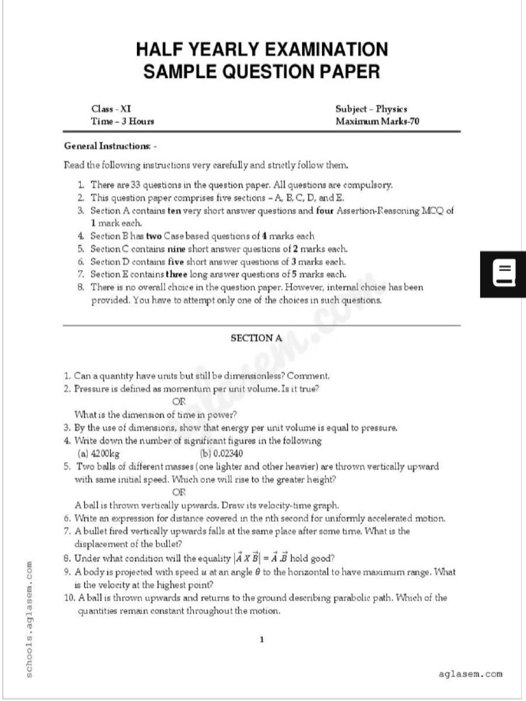 Phy Half Yearly Sample Paper | PDF | Velocity | Metrology