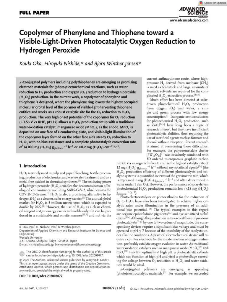 Advanced Science - 2021 - Oka - Copolymer of Phenylene and Thiophene ...