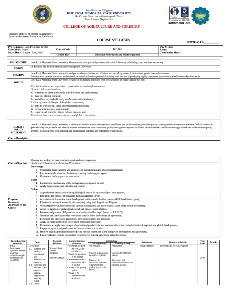 Bio 101 Syllabus A.Y 2019-2020 | PDF | Biological Pest Control | Pest ...