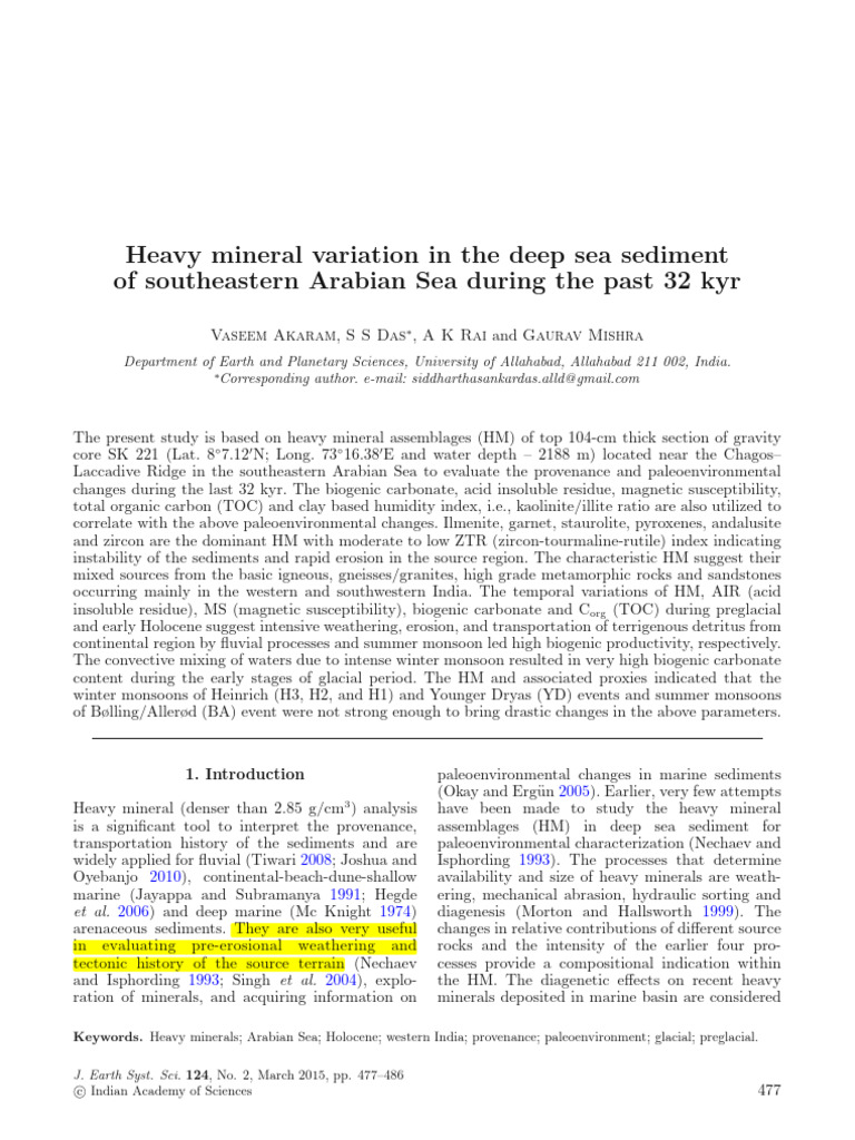 Akaram Et Al., 2015 JESS - Heavy Mineral Variation in Deep Sea Sediment ...