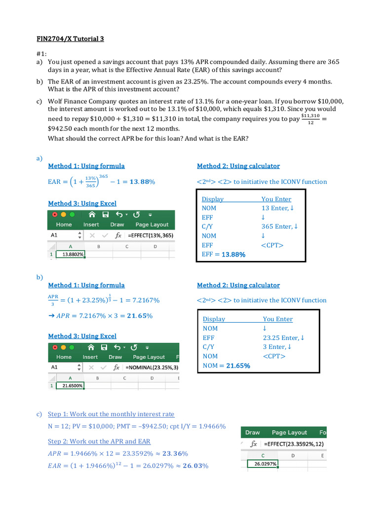 FIN2704 AY24-25 Sem1 Tutorial 3 Solutions | PDF | Annual Percentage Rate | Interest