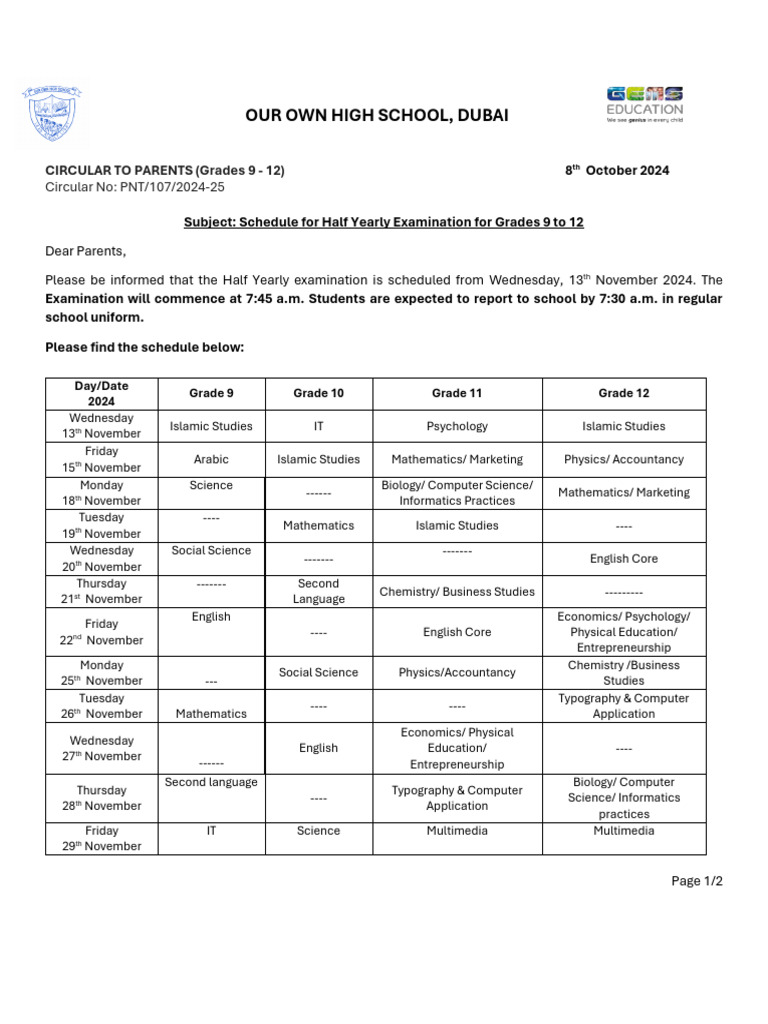Half Yearly Exam Schedule Grades 9-12 | PDF | Science