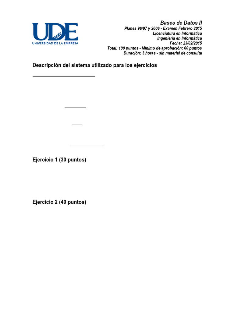 BD2 Examen 2015 Feb Mar Letra | PDF | Bases de datos | Informática