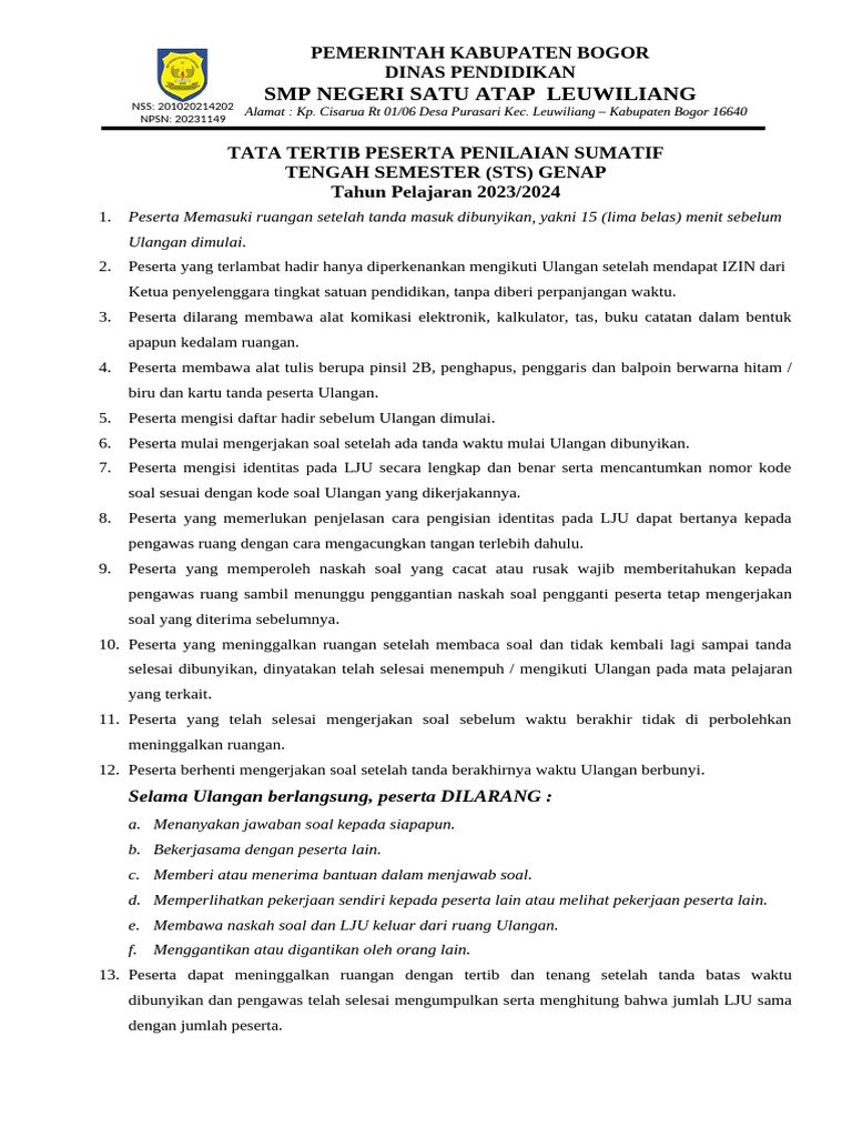 Tata Tertib Siswa Dan Pengawas STS-1 | PDF