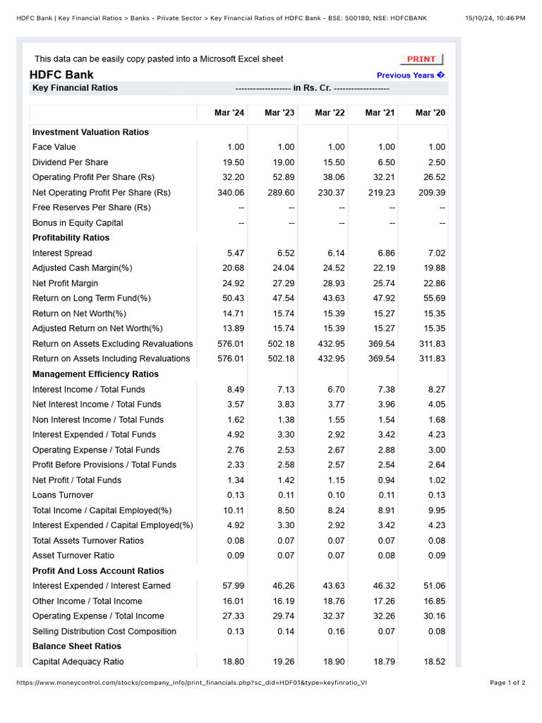 HDFC Bank Key Financial Ratios 2024 | PDF | Revenue | Interest