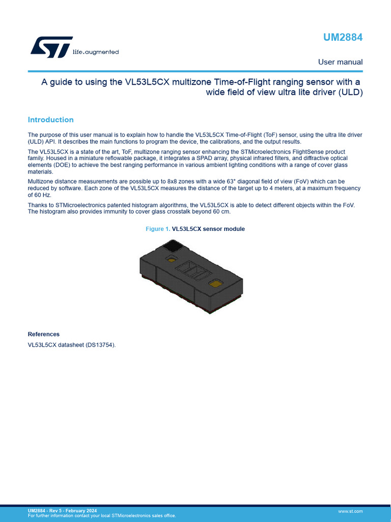 Um2884 A Guide To Using The vl53l5cx Multizone Timeofflight Ranging Sensor With Wide Field of ...