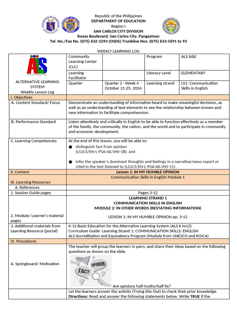 WLL-LS1 English AE-Q2-Week 4-INMYHUMBLEOPINION | PDF | Inference | Learning
