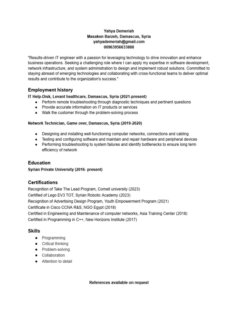 Yahya's CV | PDF | Business | Technology & Engineering