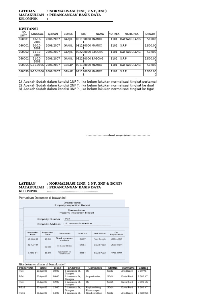 Latihan Normalisasi Basis Data 1NF-3NF | PDF