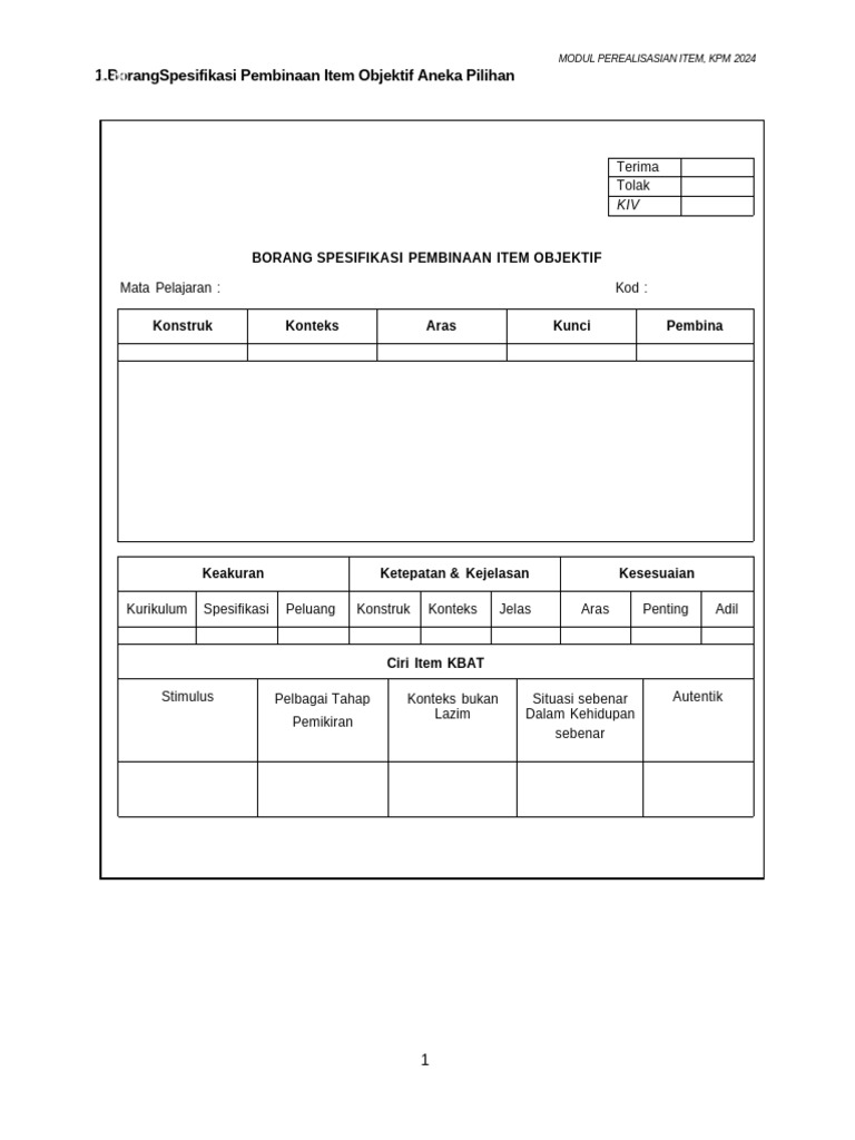 Borang Spesifikasi Pembinaan Item Objektif | PDF