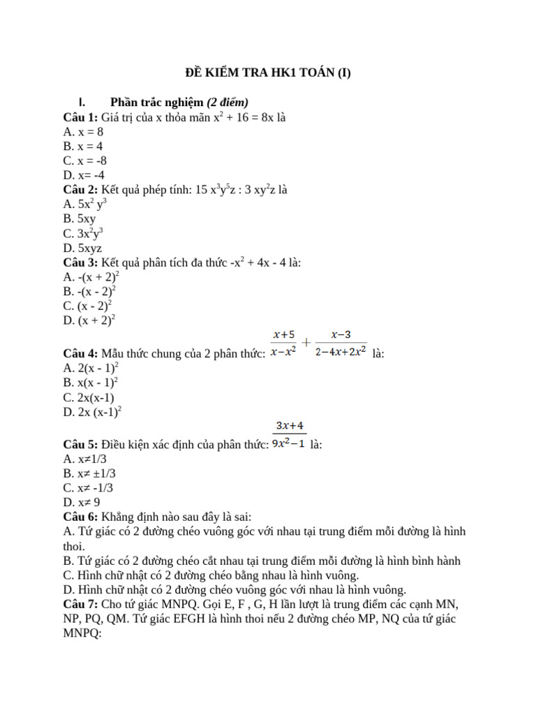 ĐỀ KIỂM TRA HK1 TOÁN 1 | PDF