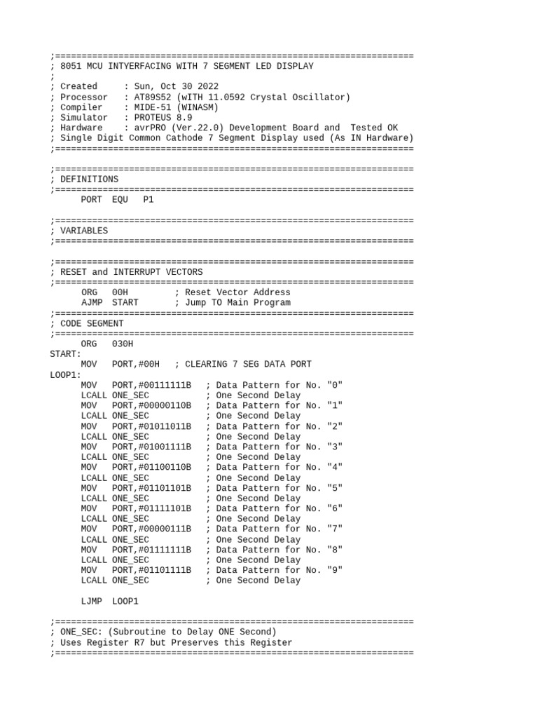AT89C51 7 Segment Simple - Asm | PDF | Central Processing Unit | Computer Hardware