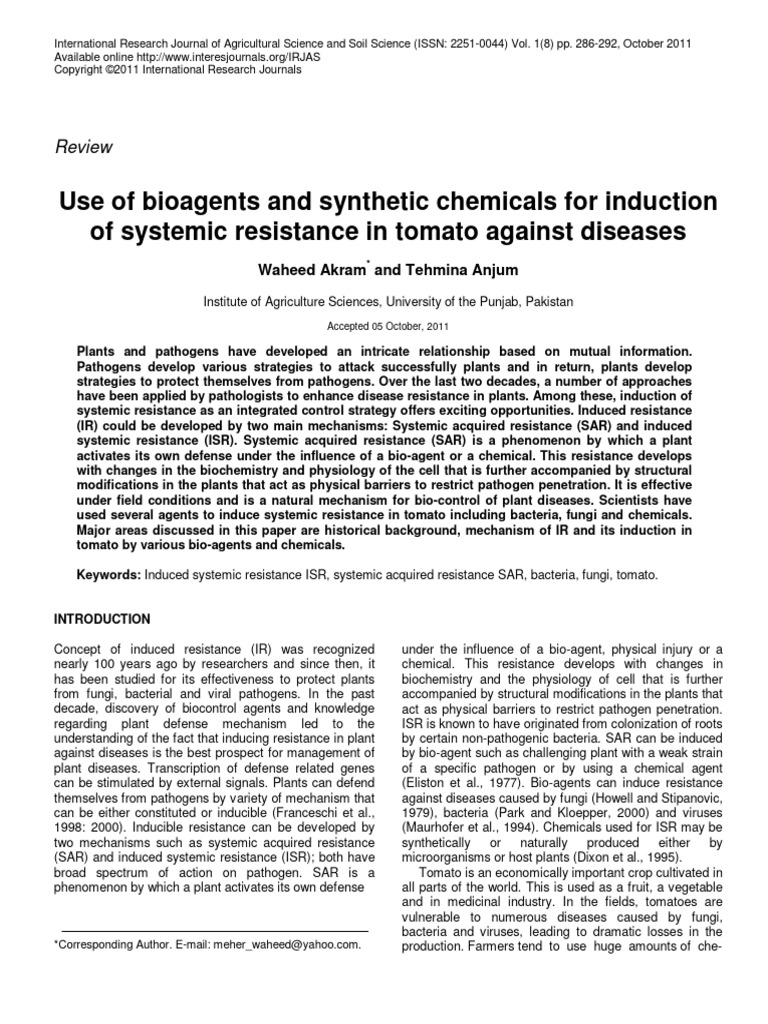 Use of Bioagents and Synthetic Chemicals For Induction of Systemic Resistance in Tomato Against ...