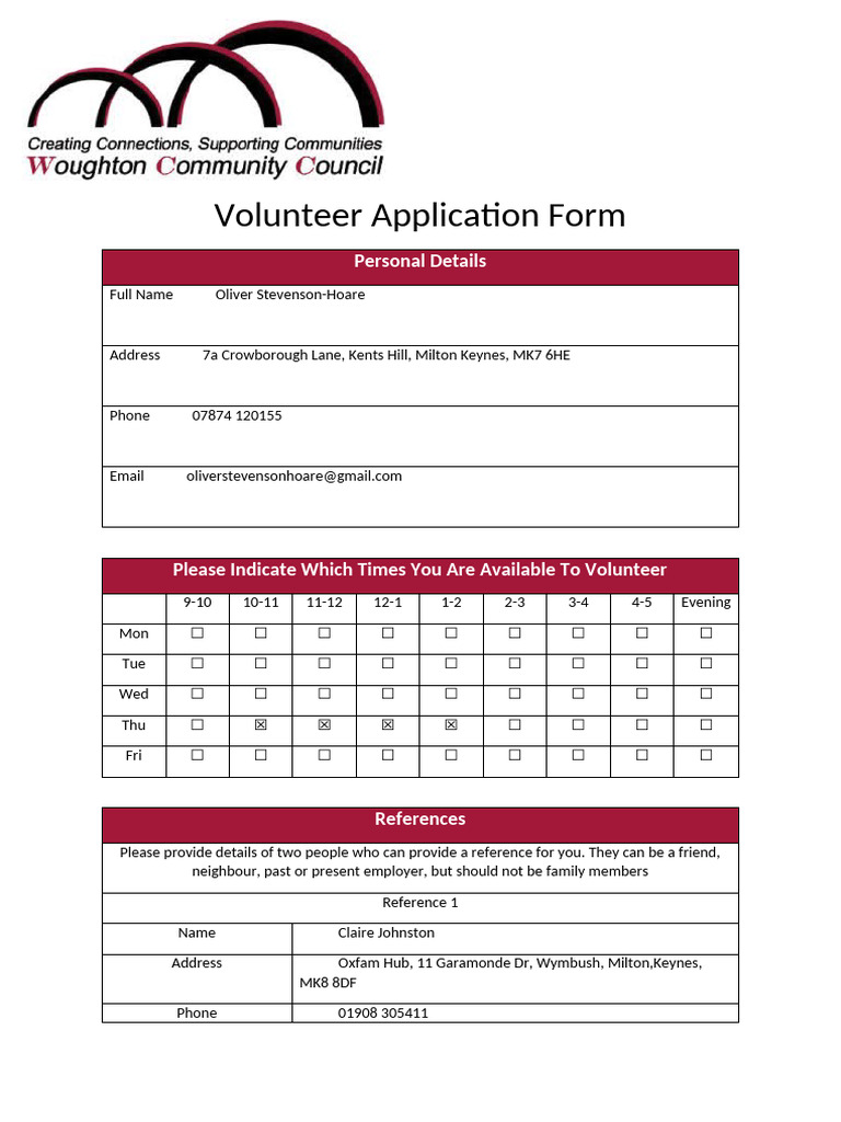 OSH Volunteer Application Form - Woughton Parish Council | PDF ...
