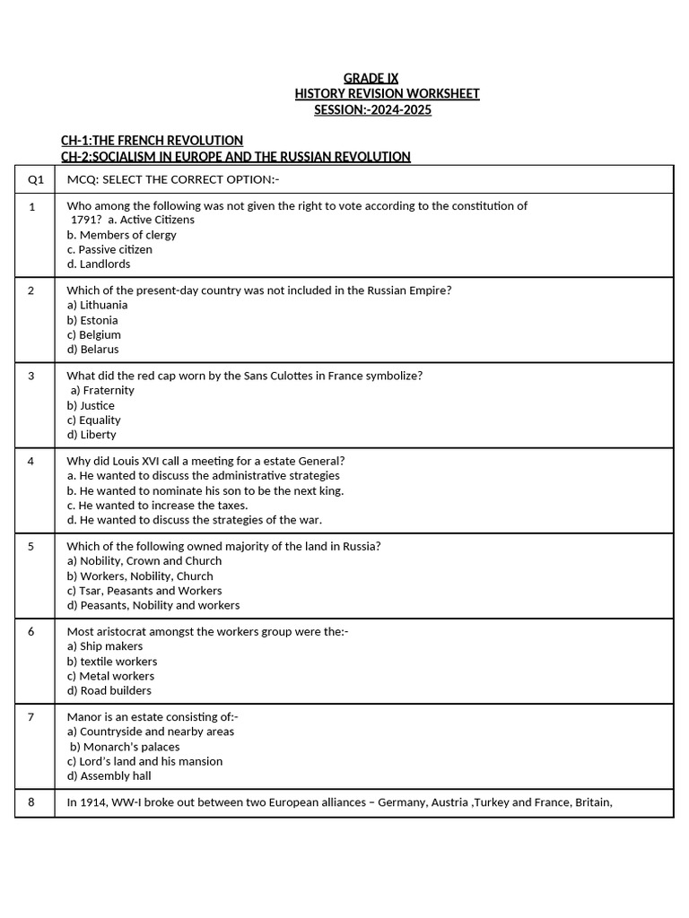 G9history Revision Worksheet | PDF | Russian Empire