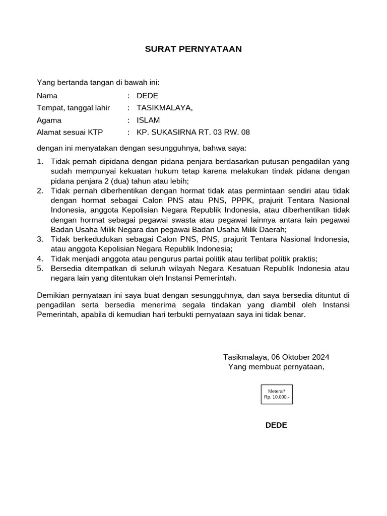 Format Surat Pernyataan PPPK 2024 | PDF | Hukum
