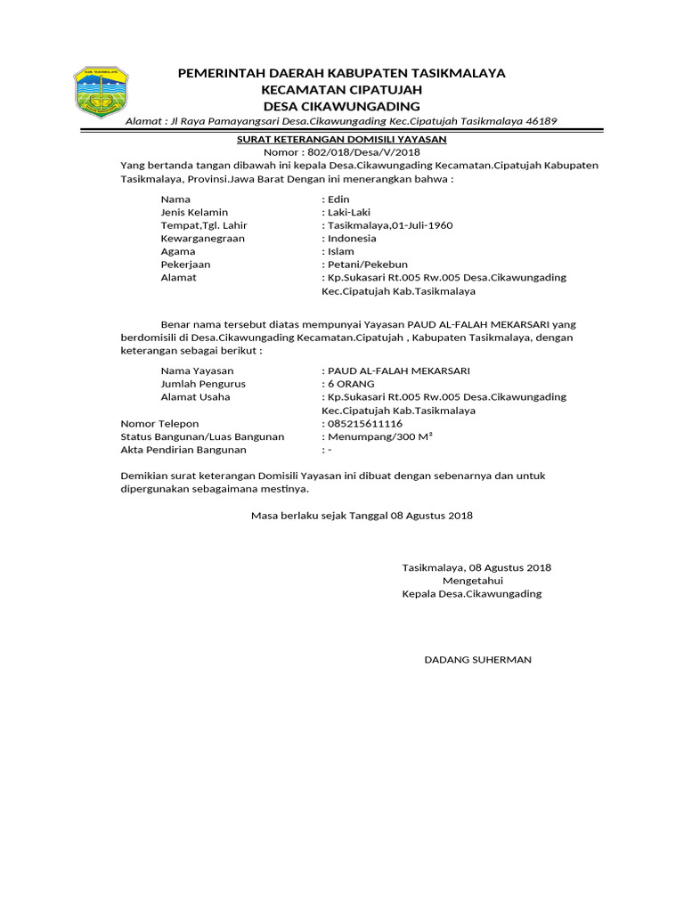 Surat Domisili Yayasan PAUD Tasikmalaya | PDF